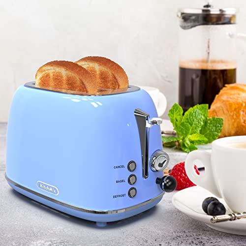 Toaster 2 slice, KitchMix Retro Stainless Steel Toaster with 6 Settings, 1.5 In Extra Wide Slots, Bagel/Defrost/Cancel Function, Removable Crumb Tray (Blue)