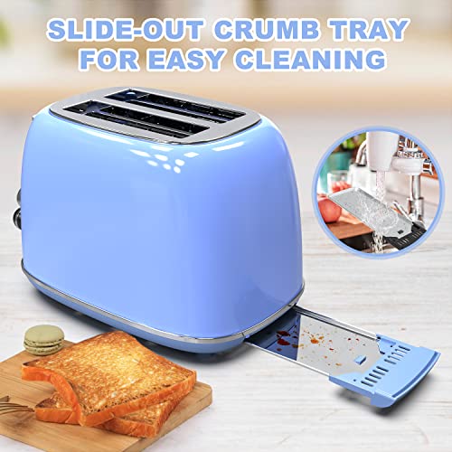 Toaster 2 slice, KitchMix Retro Stainless Steel Toaster with 6 Settings, 1.5 In Extra Wide Slots, Bagel/Defrost/Cancel Function, Removable Crumb Tray (Blue)