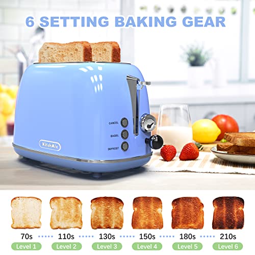 Toaster 2 slice, KitchMix Retro Stainless Steel Toaster with 6 Settings, 1.5 In Extra Wide Slots, Bagel/Defrost/Cancel Function, Removable Crumb Tray (Blue)