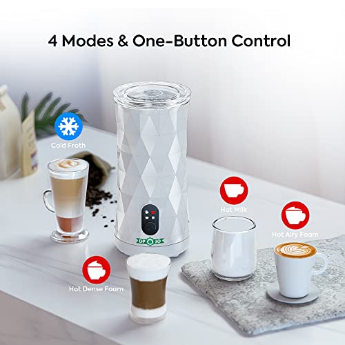 DPJO Milk Frother, 4-in-1 Electric Frother for Coffee, Auto Shut-Off, Non-Slip Stylish Design, Silent Operation, Hot & Cold Milk Steamer with Temperature Control, for Latte, Cappuccino (White)