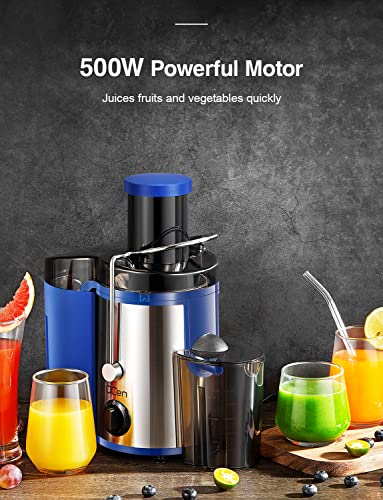 Juicer Machine, 500W Centrifugal Juicer Extractor with Wide Mouth 3” Feed Chute for Fruit Vegetable, Easy to Clean, Stainless Steel, BPA-free, by QCen (Blue)