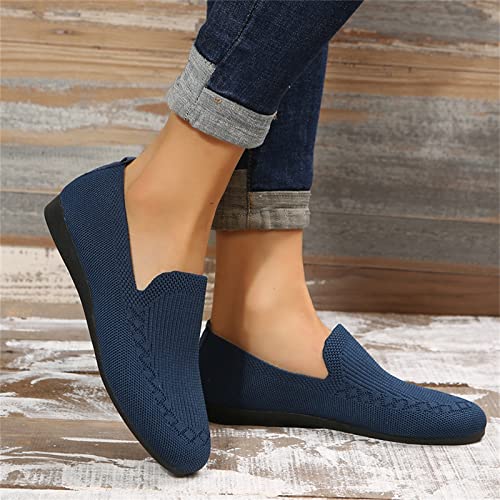 Ladies Fashion Solid Color Breathable Knitting Comfortable Flat Casual Shoes Womens Slip on Walking Shoes Lightweight Casual Blue