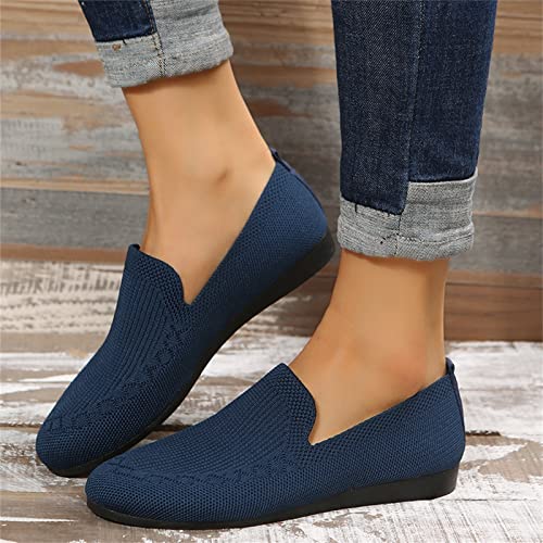 Ladies Fashion Solid Color Breathable Knitting Comfortable Flat Casual Shoes Womens Slip on Walking Shoes Lightweight Casual Blue