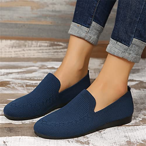 Ladies Fashion Solid Color Breathable Knitting Comfortable Flat Casual Shoes Womens Slip on Walking Shoes Lightweight Casual Blue