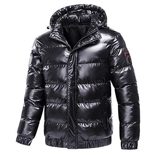 HINDOLA Mens Down Coats Removable Hood Winter Thicken Warmth Puffer Jacket Shiny Fashion Waterproof Parka Coat Outerwear