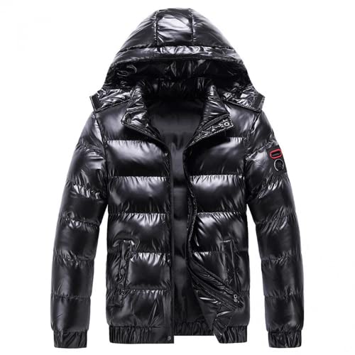 HINDOLA Mens Down Coats Removable Hood Winter Thicken Warmth Puffer Jacket Shiny Fashion Waterproof Parka Coat Outerwear