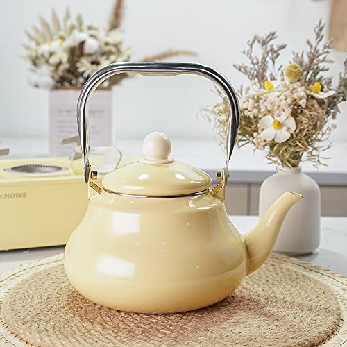 MIPODS Enamel Tea Kettle for Stovetop, 1.5L Enamel Teapot Coffee Pot with Metal Anti-Scald Handle, Hot Water Kettle Pot for Kitchen Gas Stove Top