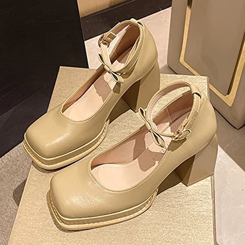 Women Casual Shoes Fashion Square Toe High Heel Thick Heel Square Heel Comfortable Simple Spring New Pattern Shoes Women Casual Shoes Slip on Khaki