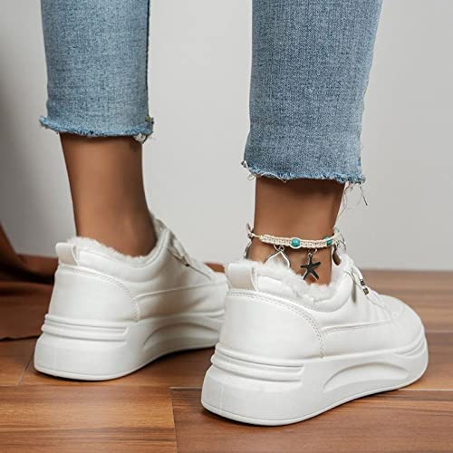 Ladies Fashion Solid Color Leather Plush Warm Lace Up Thick Soled Casual Shoes Women Casual Shoes 5 White