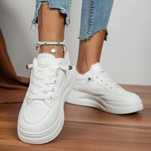 Ladies Fashion Solid Color Leather Plush Warm Lace Up Thick Soled Casual Shoes Women Casual Shoes 5 White