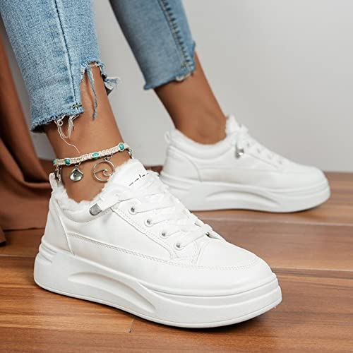 Ladies Fashion Solid Color Leather Plush Warm Lace Up Thick Soled Casual Shoes Women Casual Shoes 5 White