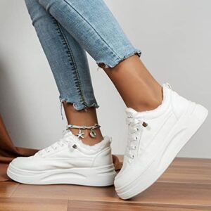 Ladies Fashion Solid Color Leather Plush Warm Lace Up Thick Soled Casual Shoes Women Casual Shoes 5 White