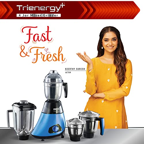 Usha Trienergy+ 800 Watt Powerful 100% Copper Motor 4 Jar Mixer Grinder with Unique QuadriFlow Square Blender Jar for Faster Grinding and Smooth Blending || 5 Years Warranty on Motor (Blue)