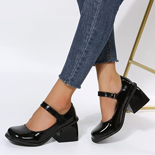 Leisure Women Artificial Leather Solid Color Autumn Thick Sole Square Heels Slip On Lazy People Round Toe Shoes Womens Sandals No Heels Black