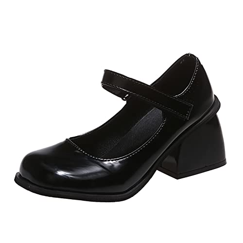 Leisure Women Artificial Leather Solid Color Autumn Thick Sole Square Heels Slip On Lazy People Round Toe Shoes Casual Shoes Women 9 Black