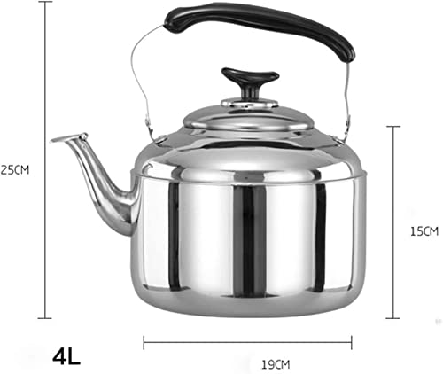 Whistle Teapot Anti-scalding Handle Stainless Steel, 4L Capacity Silver Tea Kettle Simple Design Suitable for All Stoves in The Kitchen