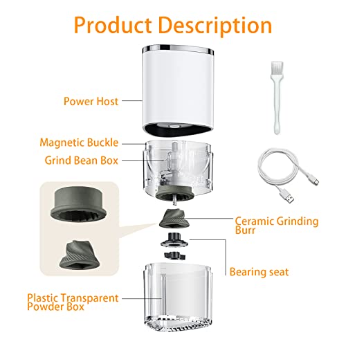 Electric Burr Coffee Grinder Longzhuo Automatic Small Conical Burr Coffee Bean Grinders with Adjustable Burr Portable Coffee Grinder for Espresso Drip Pour Over French Press USB Rechargeable (White)