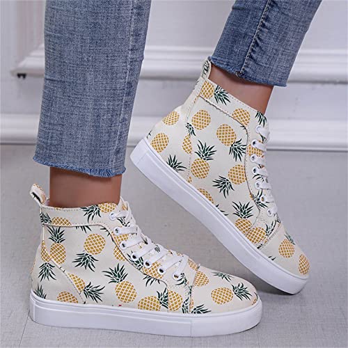 Fashion Women Casual Shoes Flat High Top Lace Strawberry Pineapple Pattern Casual Comfortable Casual Shoes Casual Womens Shoes Wide Width