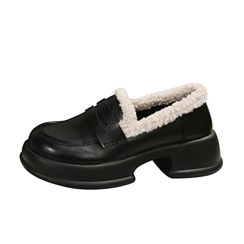 Ladies British Style Solid Color Leather Plush Warm Thick Soled Casual Shoes Home Sandals Black