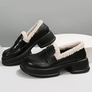 Ladies British Style Solid Color Leather Plush Warm Thick Soled Casual Shoes Home Sandals Black