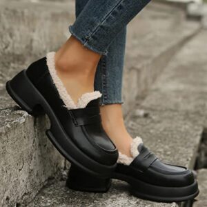 Ladies British Style Solid Color Leather Plush Warm Thick Soled Casual Shoes Home Sandals Black