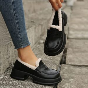 Ladies British Style Solid Color Leather Plush Warm Thick Soled Casual Shoes Home Sandals Black