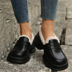 Ladies British Style Solid Color Leather Plush Warm Thick Soled Casual Shoes Home Sandals Black