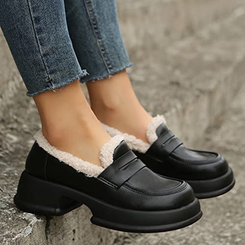 Ladies British Style Solid Color Leather Plush Warm Thick Soled Casual Shoes Home Sandals Black