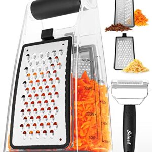 Joined Cheese Grater with Container - Box Grater Cheese Shredder Lemon Zester Grater - Cheese Grater with Handle - Graters for Kitchen Stainless Steel Food Grater - Hand Grater and Vegetable Peeler