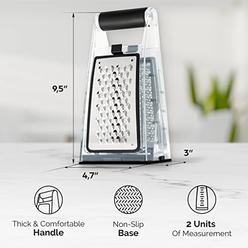 Joined Cheese Grater with Container - Box Grater Cheese Shredder Lemon Zester Grater - Cheese Grater with Handle - Graters for Kitchen Stainless Steel Food Grater - Hand Grater and Vegetable Peeler