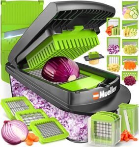 mueller pro-series 10-in-1, 8 blade vegetable slicer, onion mincer chopper, vegetable chopper, cutter, dicer, egg slicer with container