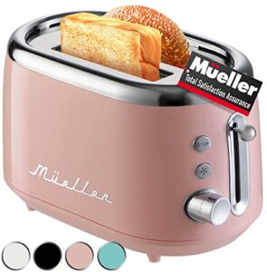 mueller retro toaster 2 slice with 7 browning levels and 3 functions: reheat, defrost & cancel, stainless steel features, removable crumb tray, under base cord storage, pink