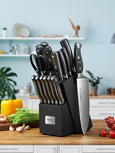 Knipan Kitchen Knife Set with Block, 16 Pieces Professional Stainless Steel Forged Chef Knife Block Set, Ultra Sharp Knives with Wood Handle, Black