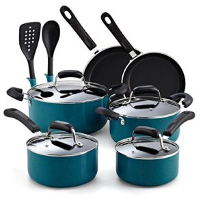 cook n home 12-piece nonstick stay cool handle cookware set, turquoise