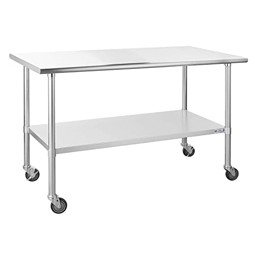 Hally Stainless Steel Table for Prep & Work 30 x 60 Inches with Caster Wheels, NSF Commercial Heavy Duty Table with Undershelf and Galvanized Legs for Restaurant, Home and Hotel