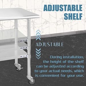 Hally Stainless Steel Table for Prep & Work 30 x 60 Inches with Caster Wheels, NSF Commercial Heavy Duty Table with Undershelf and Galvanized Legs for Restaurant, Home and Hotel