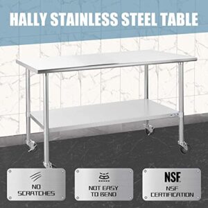 Hally Stainless Steel Table for Prep & Work 30 x 60 Inches with Caster Wheels, NSF Commercial Heavy Duty Table with Undershelf and Galvanized Legs for Restaurant, Home and Hotel