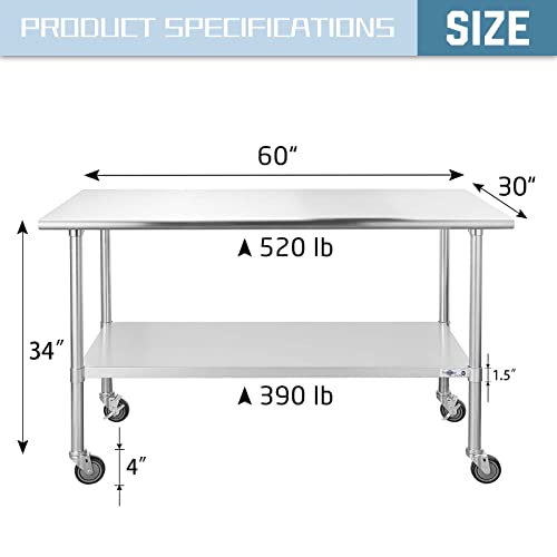 Hally Stainless Steel Table for Prep & Work 30 x 60 Inches with Caster Wheels, NSF Commercial Heavy Duty Table with Undershelf and Galvanized Legs for Restaurant, Home and Hotel