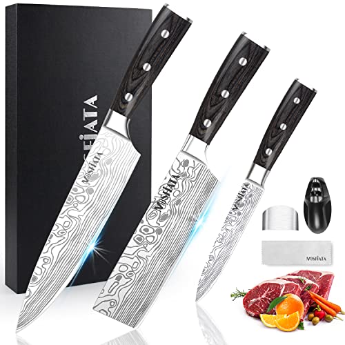 MOSFiATA Professional Chef Knife Set with German High Carbon Stainless Steel Kitchen Knife Set 3 PCS-8" Chefs Knife &7" Nakiri Knife&5" Utility Knife, Knives Set for Kitchen with Gift Box