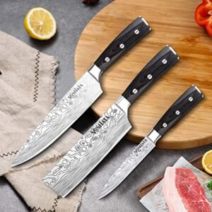 MOSFiATA Professional Chef Knife Set with German High Carbon Stainless Steel Kitchen Knife Set 3 PCS-8" Chefs Knife &7" Nakiri Knife&5" Utility Knife, Knives Set for Kitchen with Gift Box