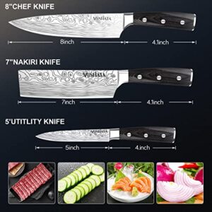 MOSFiATA Professional Chef Knife Set with German High Carbon Stainless Steel Kitchen Knife Set 3 PCS-8" Chefs Knife &7" Nakiri Knife&5" Utility Knife, Knives Set for Kitchen with Gift Box