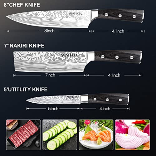 MOSFiATA Professional Chef Knife Set with German High Carbon Stainless Steel Kitchen Knife Set 3 PCS-8" Chefs Knife &7" Nakiri Knife&5" Utility Knife, Knives Set for Kitchen with Gift Box