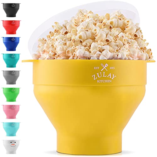 Zulay Kitchen Large Microwave Popcorn Maker - Silicone Popcorn Popper Microwave Collapsible Bowl With Lid - Family Size Microwave Popcorn Bowl - Bright Yellow