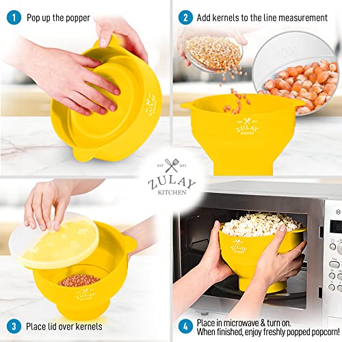 Zulay Kitchen Large Microwave Popcorn Maker - Silicone Popcorn Popper Microwave Collapsible Bowl With Lid - Family Size Microwave Popcorn Bowl - Bright Yellow