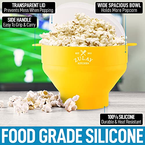 Zulay Kitchen Large Microwave Popcorn Maker - Silicone Popcorn Popper Microwave Collapsible Bowl With Lid - Family Size Microwave Popcorn Bowl - Bright Yellow