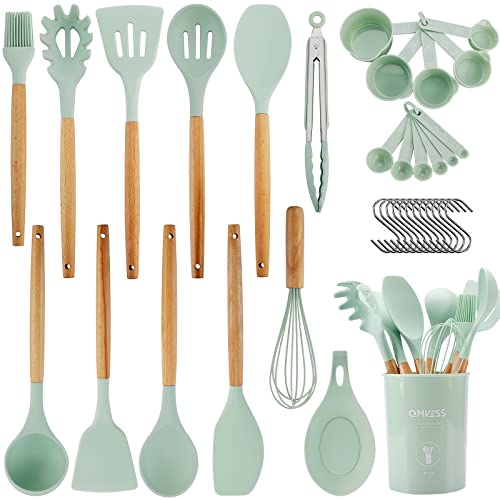 Kitchen Utensils Set, QMVESS 35 Pcs Non-Stick Silicone Cooking Utensils Set with Holder, Sturdy Wooden Handle, Heat Resistance Silicone Spatula Spoon Kitchen Gadgets Utensils Set (Light Green)