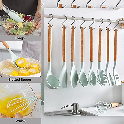 Kitchen Utensils Set, QMVESS 35 Pcs Non-Stick Silicone Cooking Utensils Set with Holder, Sturdy Wooden Handle, Heat Resistance Silicone Spatula Spoon Kitchen Gadgets Utensils Set (Light Green)