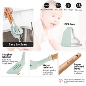 Kitchen Utensils Set, QMVESS 35 Pcs Non-Stick Silicone Cooking Utensils Set with Holder, Sturdy Wooden Handle, Heat Resistance Silicone Spatula Spoon Kitchen Gadgets Utensils Set (Light Green)