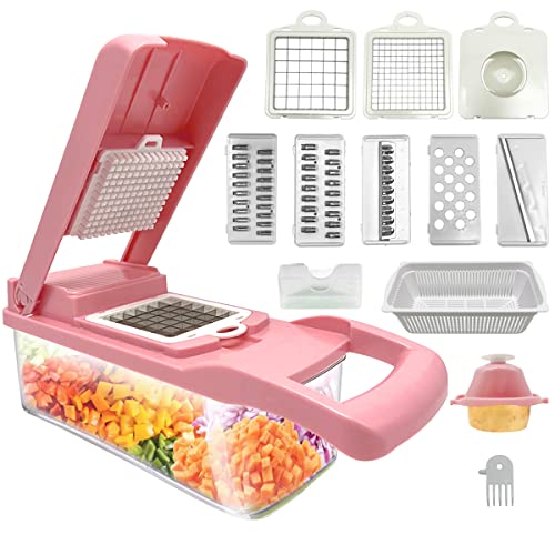 Artbros Vegetable Chopper Onion Chopper - 12 in 1 Multi-Functional Mandoline Slicer Vidalia Chop Wizard Veggie Fruit Dicer Cutter with Colander Basket and Container - Pink