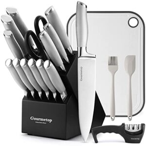 gourmetop knife sets for kitchen with block, stainless steel chef knife set with sharpener & cutting board, kitchen knives sharp knife block set with accessories for cooking, dishwasher safe